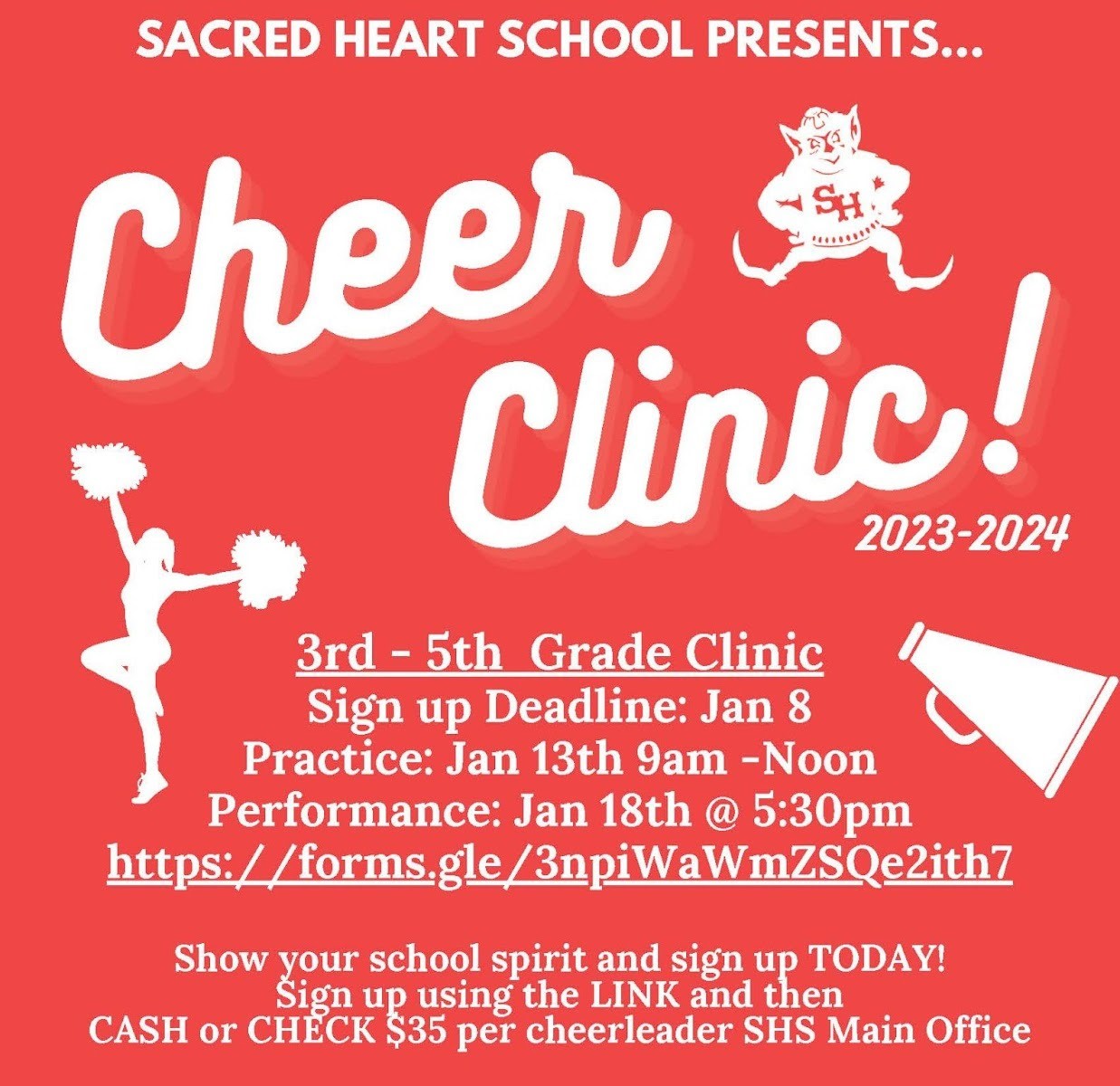 Sign-up NOW For CHEER CLINIC For 3rd - 5th Grade!!! - Sacred Heart ...